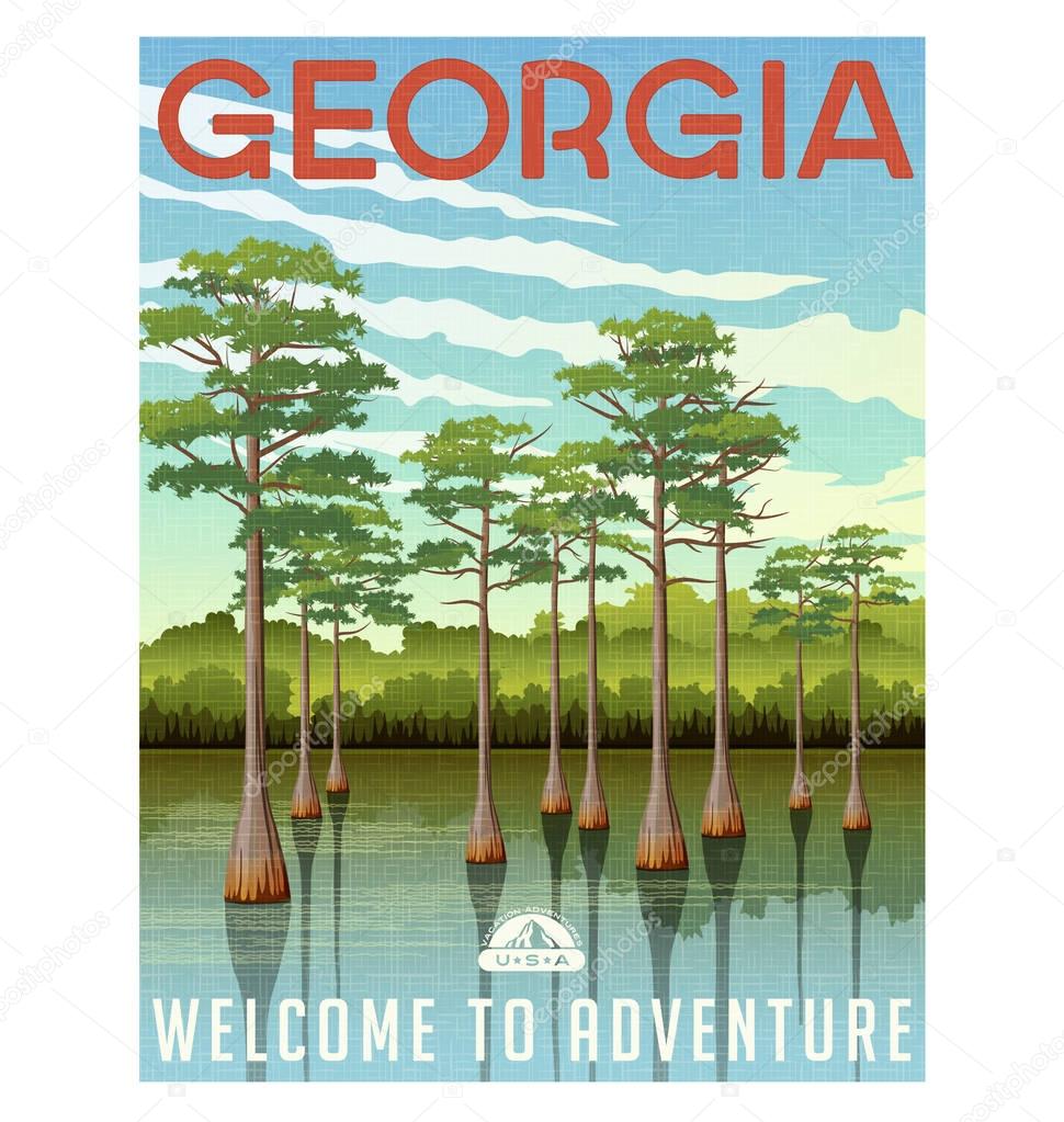 Georgia cartel de viaje o pegatina. Ilustración vectorial del ciprés ...