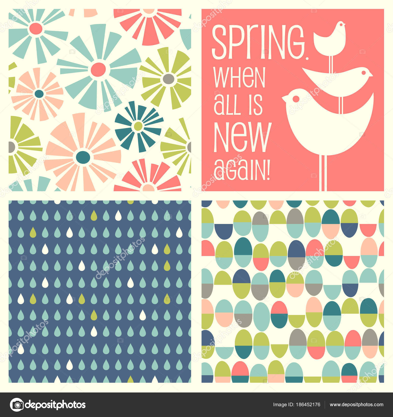 Retro Spring designs and seamless patterns including daisies, birds ...