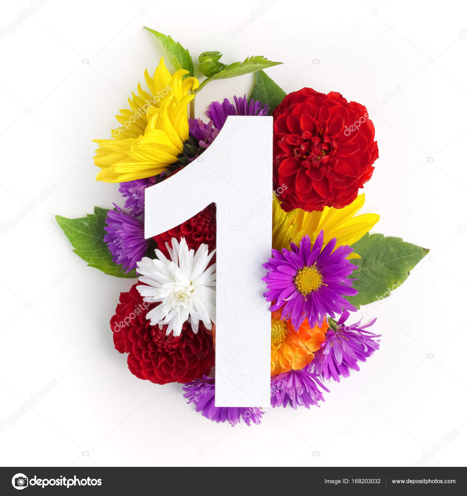 Layout with colorful flowers, leaves and number one. Flat lay. Top view ...
