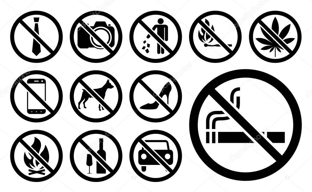 Signos de prohibición conjunto negro. Ilustración vectorial . Vector de ...