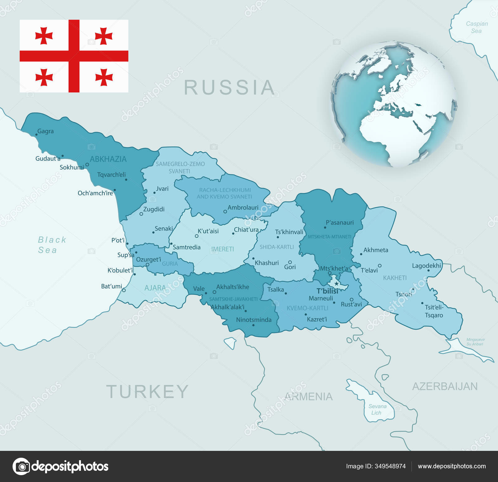 Blue-green detailed map of Georgia and administrative divisions with ...