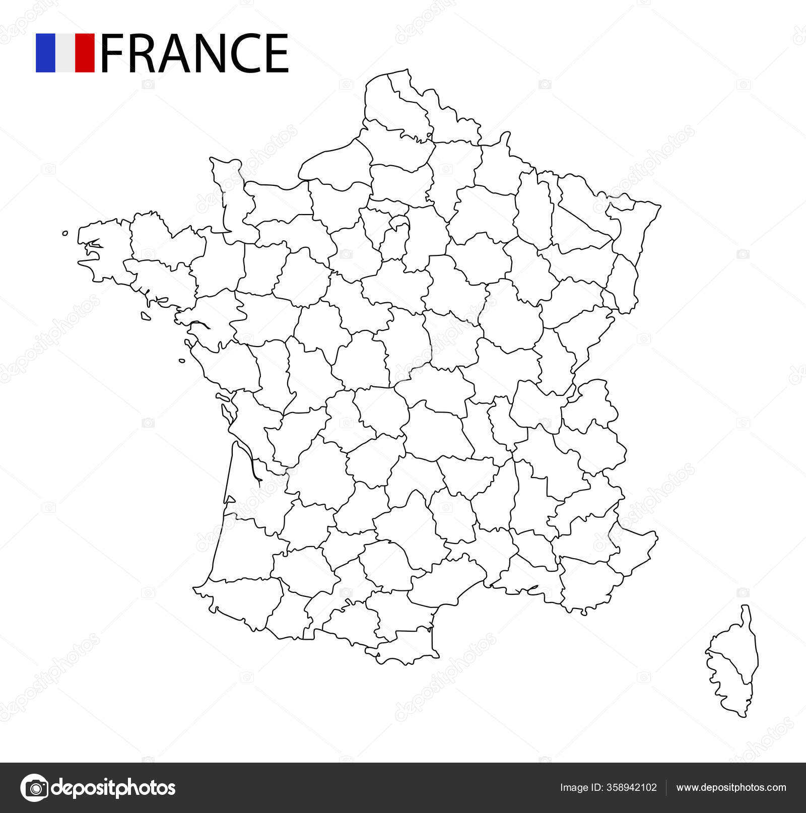 France map, black and white detailed outline regions of the country ...