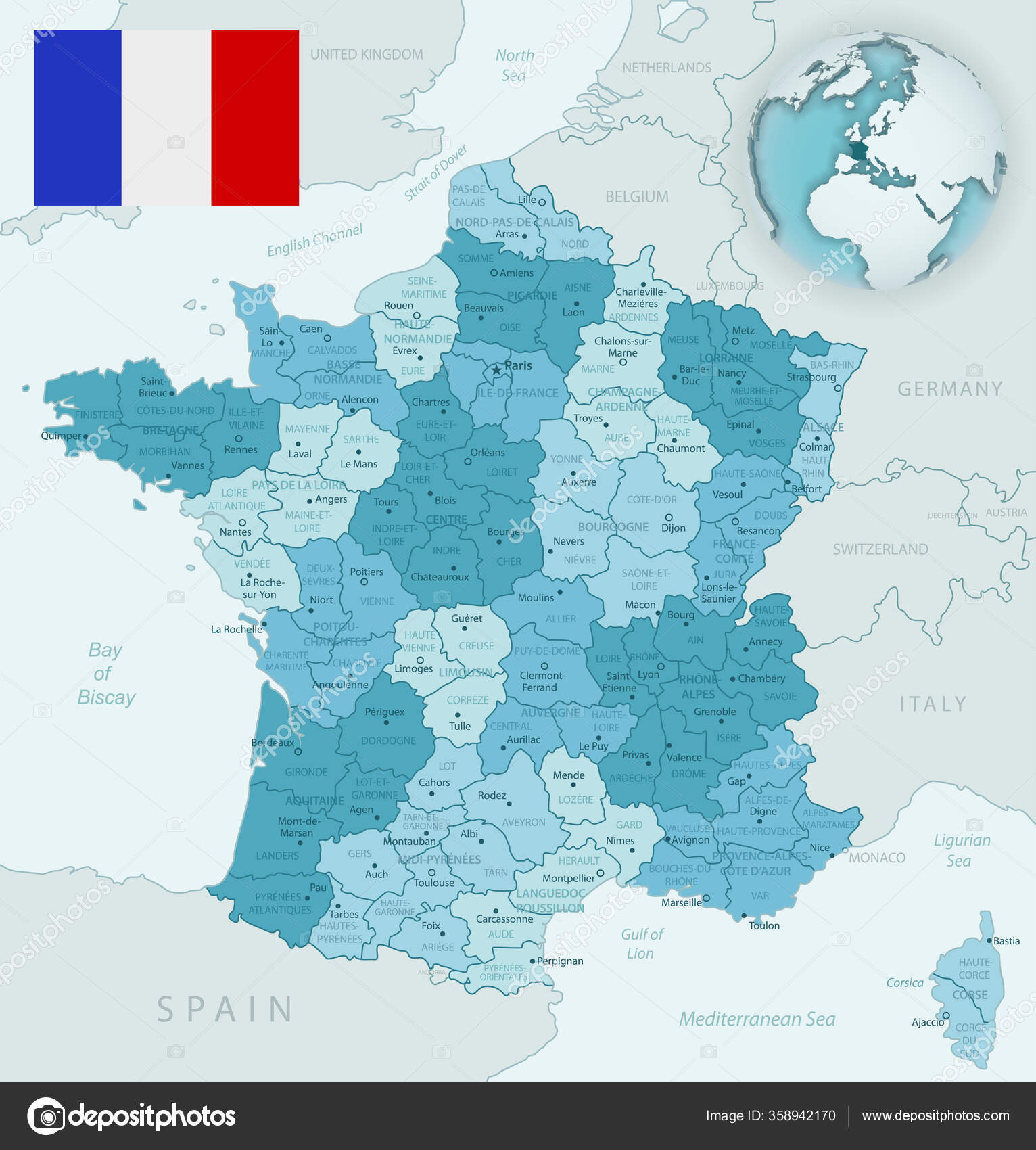 Blue-green detailed map of France and administrative divisions with ...