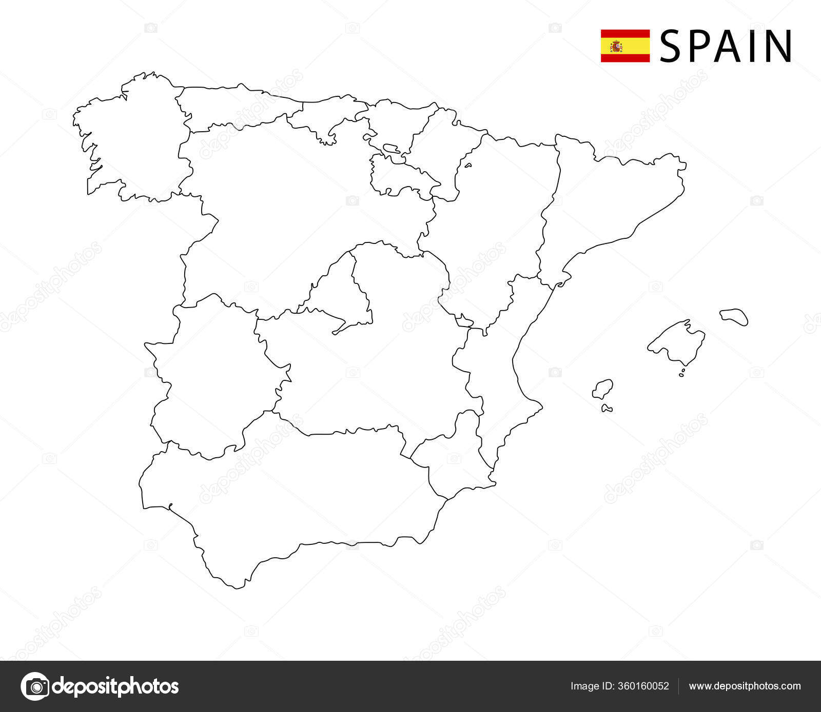 Spain map, black and white detailed outline regions of the country ...