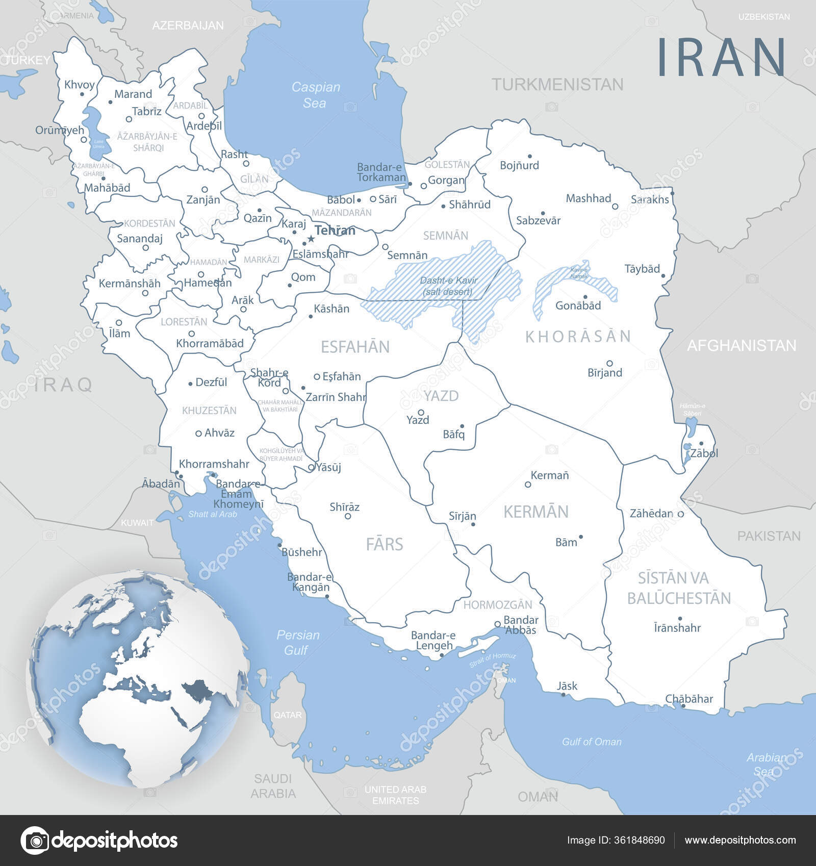Blue-gray mapa detallado de Irán y las divisiones administrativas y la ...