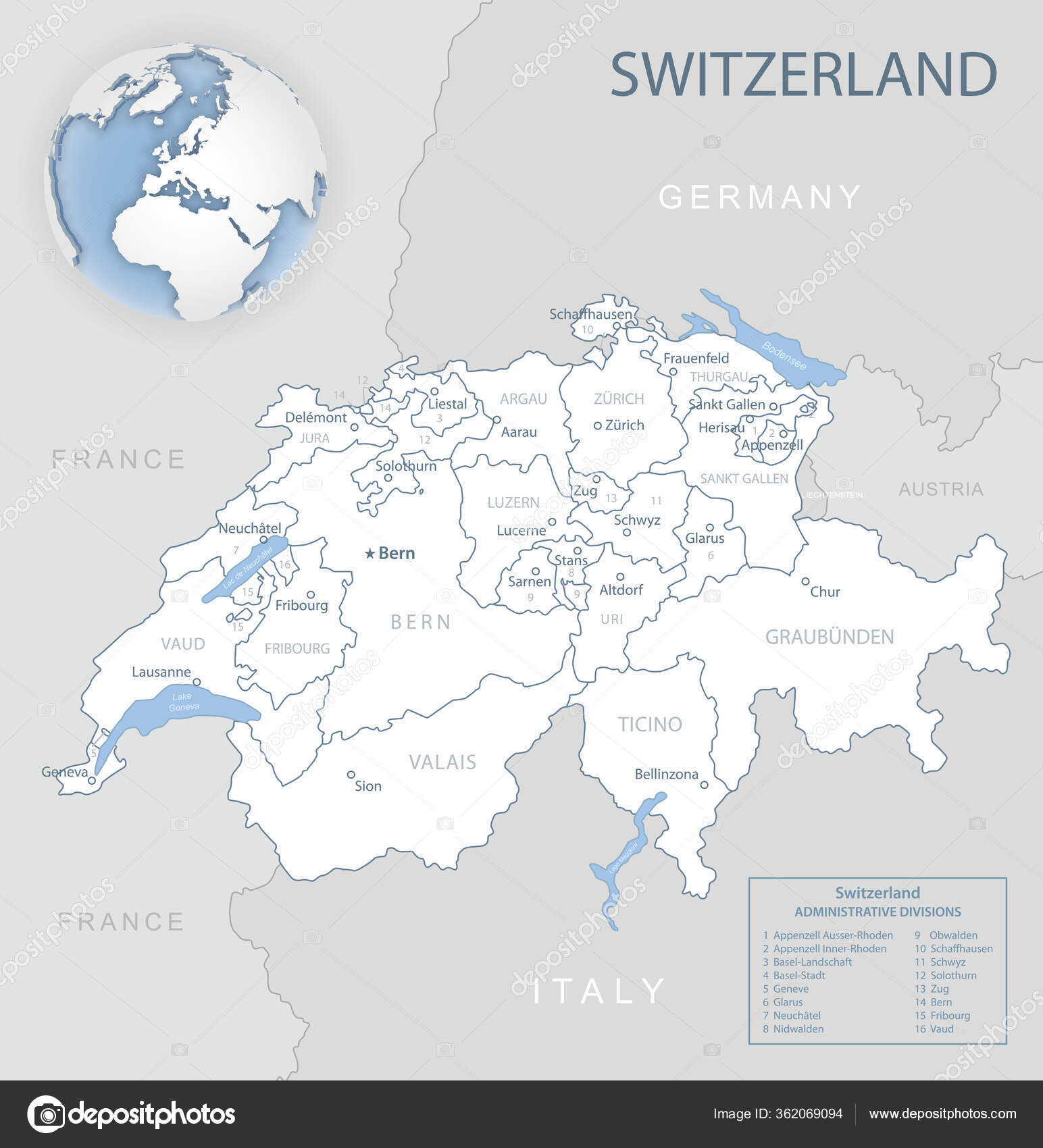 Blue-gray detailed map of Switzerland and administrative divisions and ...