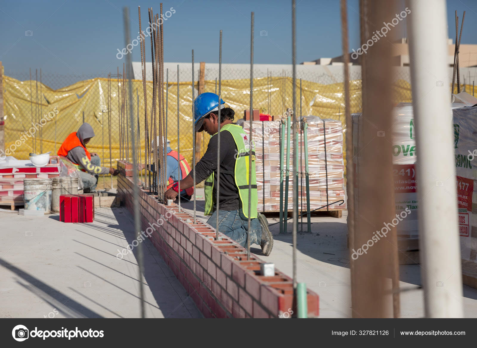 Mexican Man Building Wall House Brick Cement Equipped Helmet Vest ...