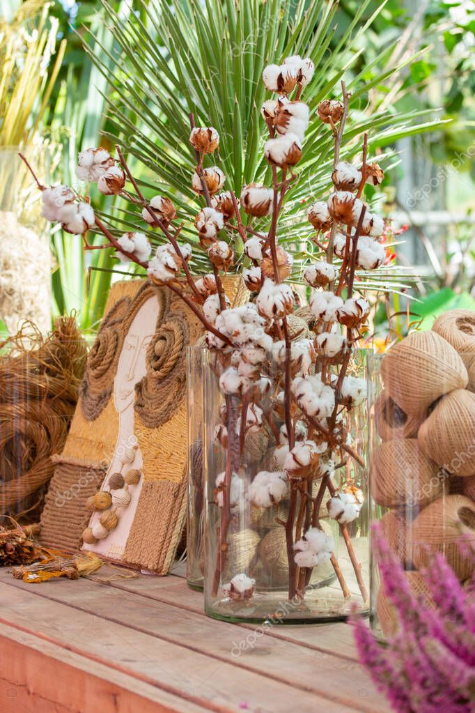 Ramas secas de algod n natural con bols maduros en un jarr n de vidrio ...