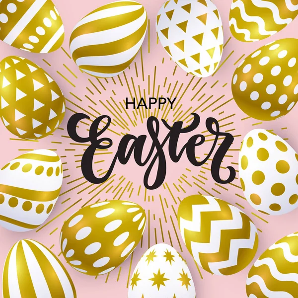 Trendy Easter Background Realistic Golden Eggs Happy Easter Lettering ...
