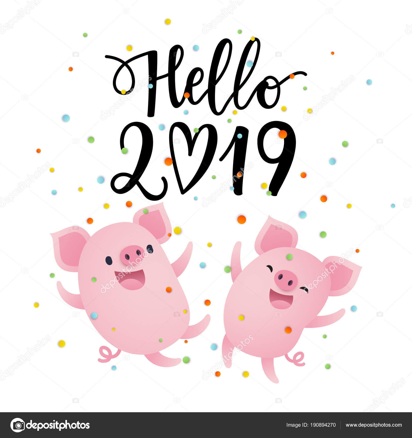 Vector Illustration Hello 2019 Card Cute Cartoon Pigs Confetti Stock ...