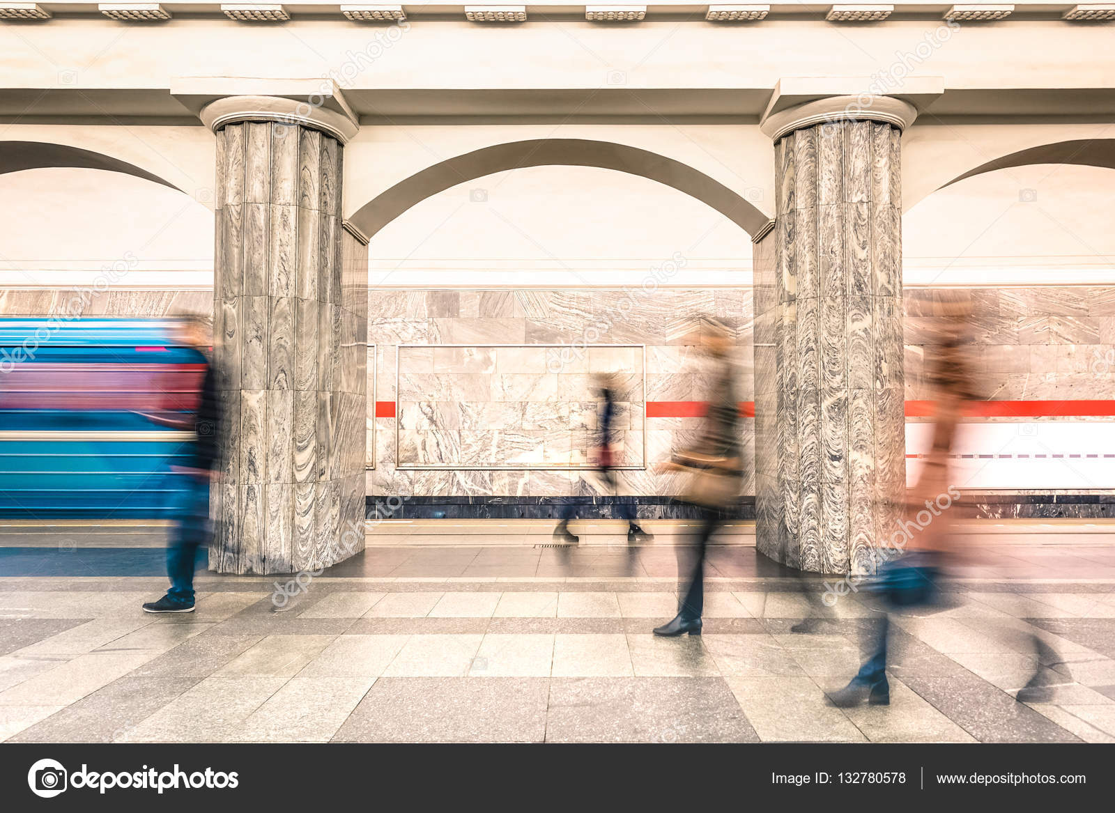 People walking on generic platform of underground subway metro station ...