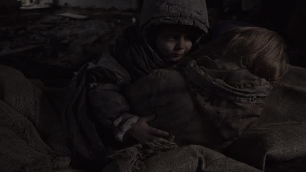 Little Homeless Orphans Hugging Abandoned Building — Stock Video ...