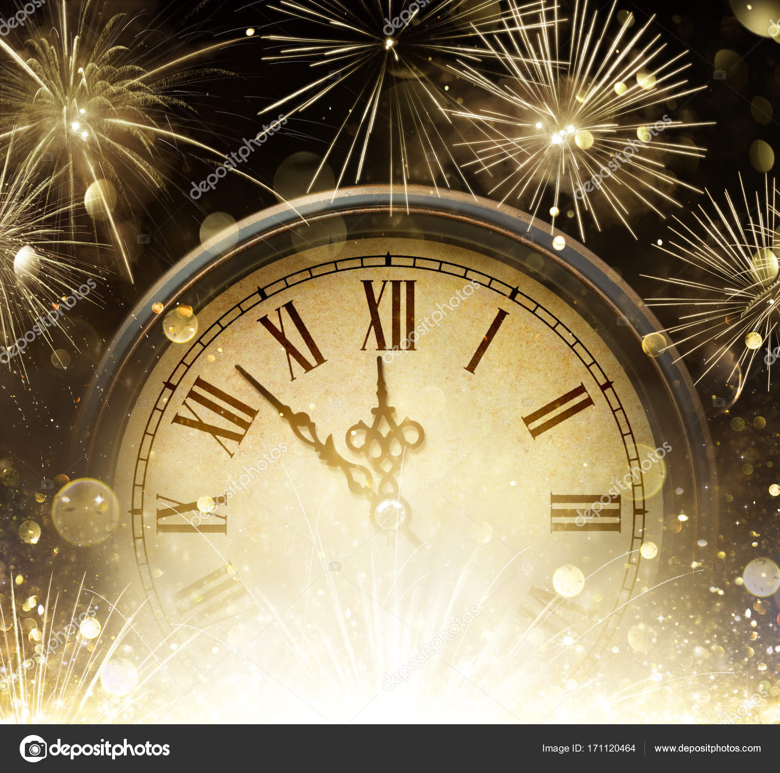 Waiting Midnight - Clock And Fireworks - Happy New Year — Stock Photo ...
