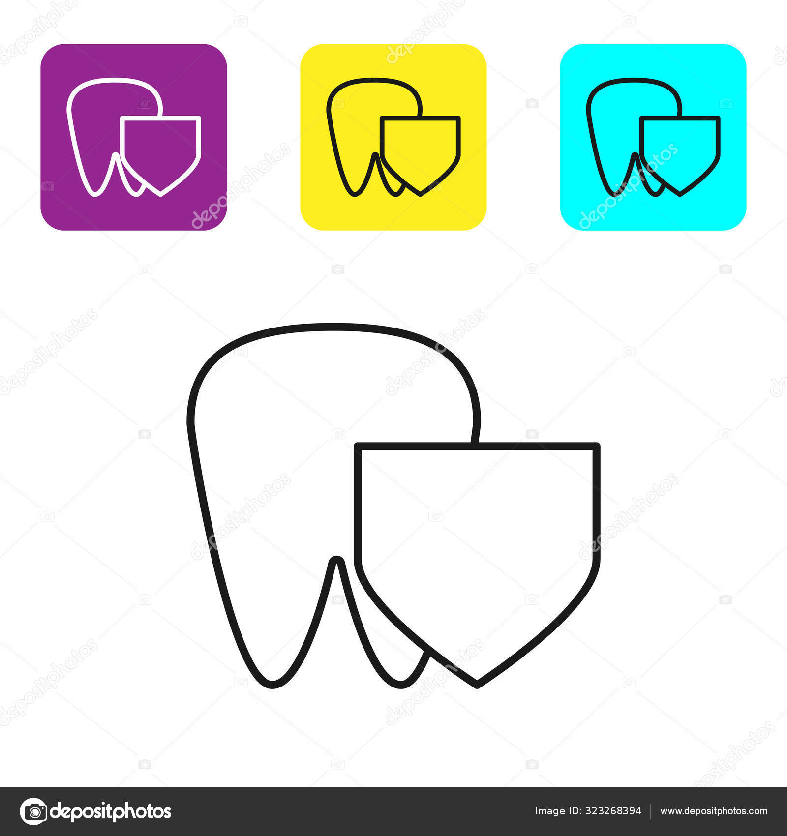 Black Line Tooth Shield Icon Isolated White Background Dental Insurance ...