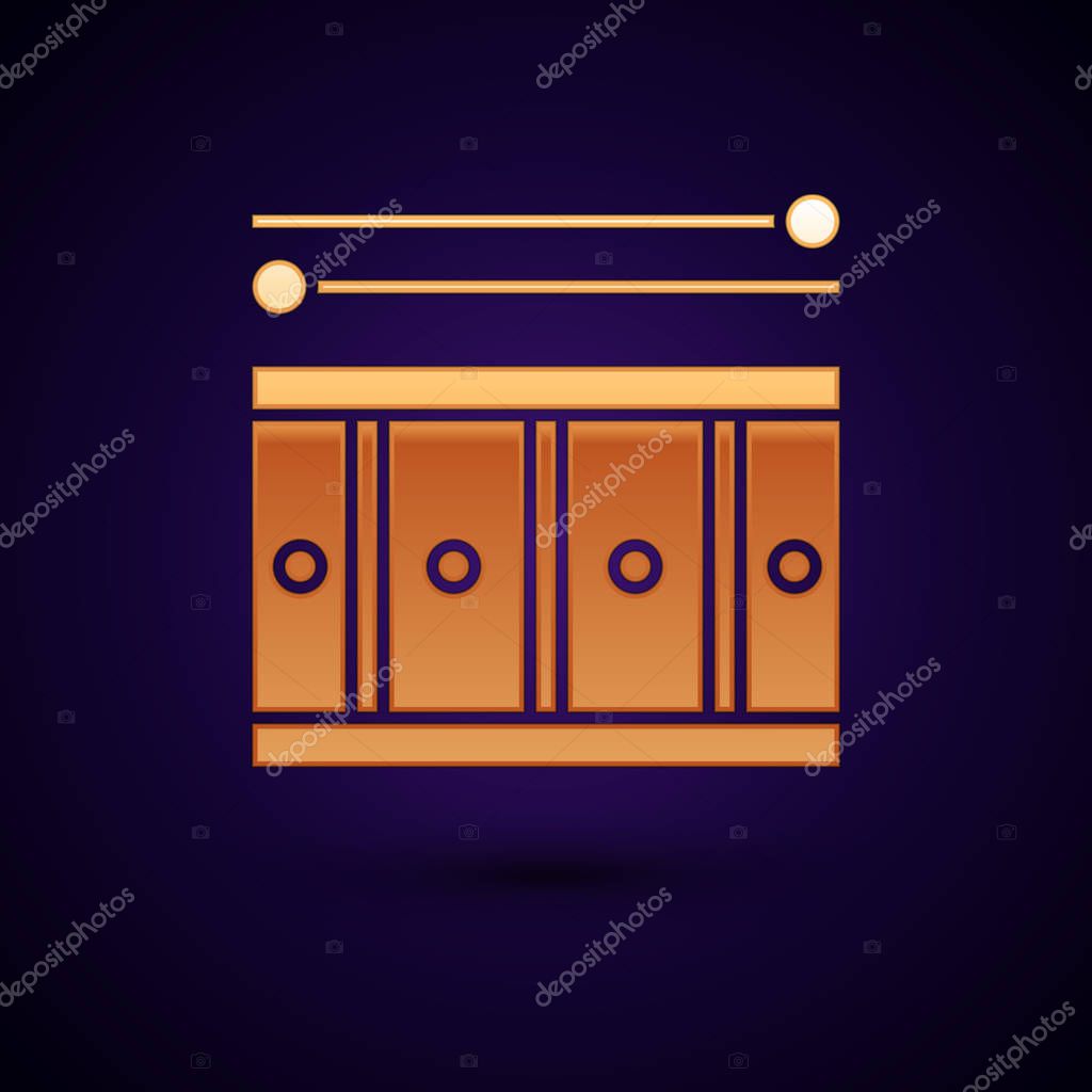 Tambor de oro con palos de tambor icono aislado sobre fondo azul oscuro ...