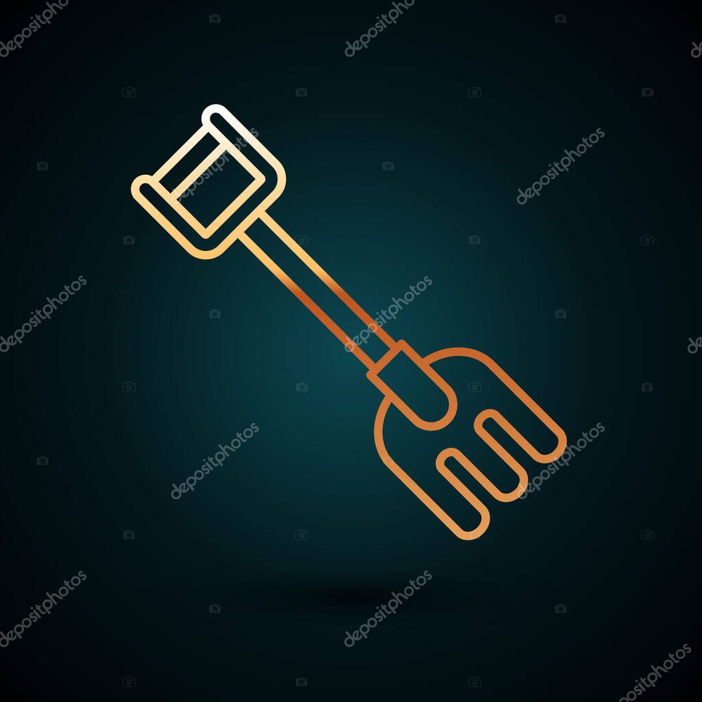 L nea dorada Icono de rastrillo de jard n aislado sobre fondo azul oscuro. Herramienta para ...