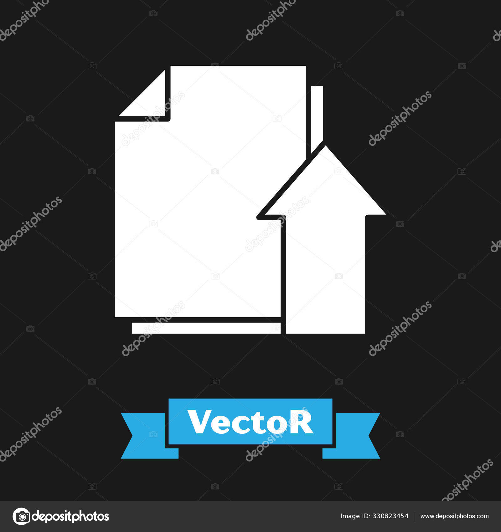White Upload file document icon isolated on black background. Document arrow. Vector ...
