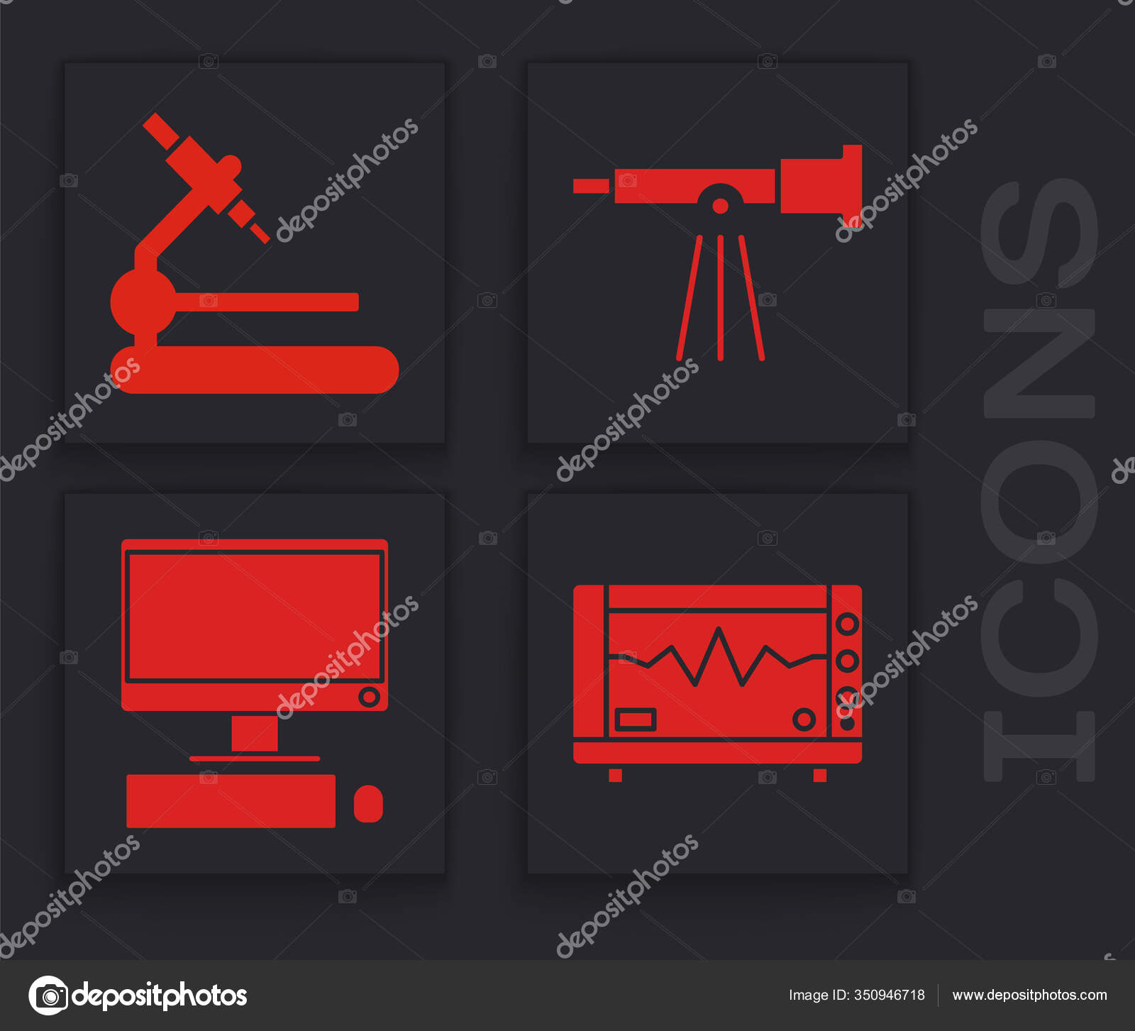 Set Computer Monitor Cardiogram Microscope Telescope Computer Monitor Keyboard Mouse — Stock ...