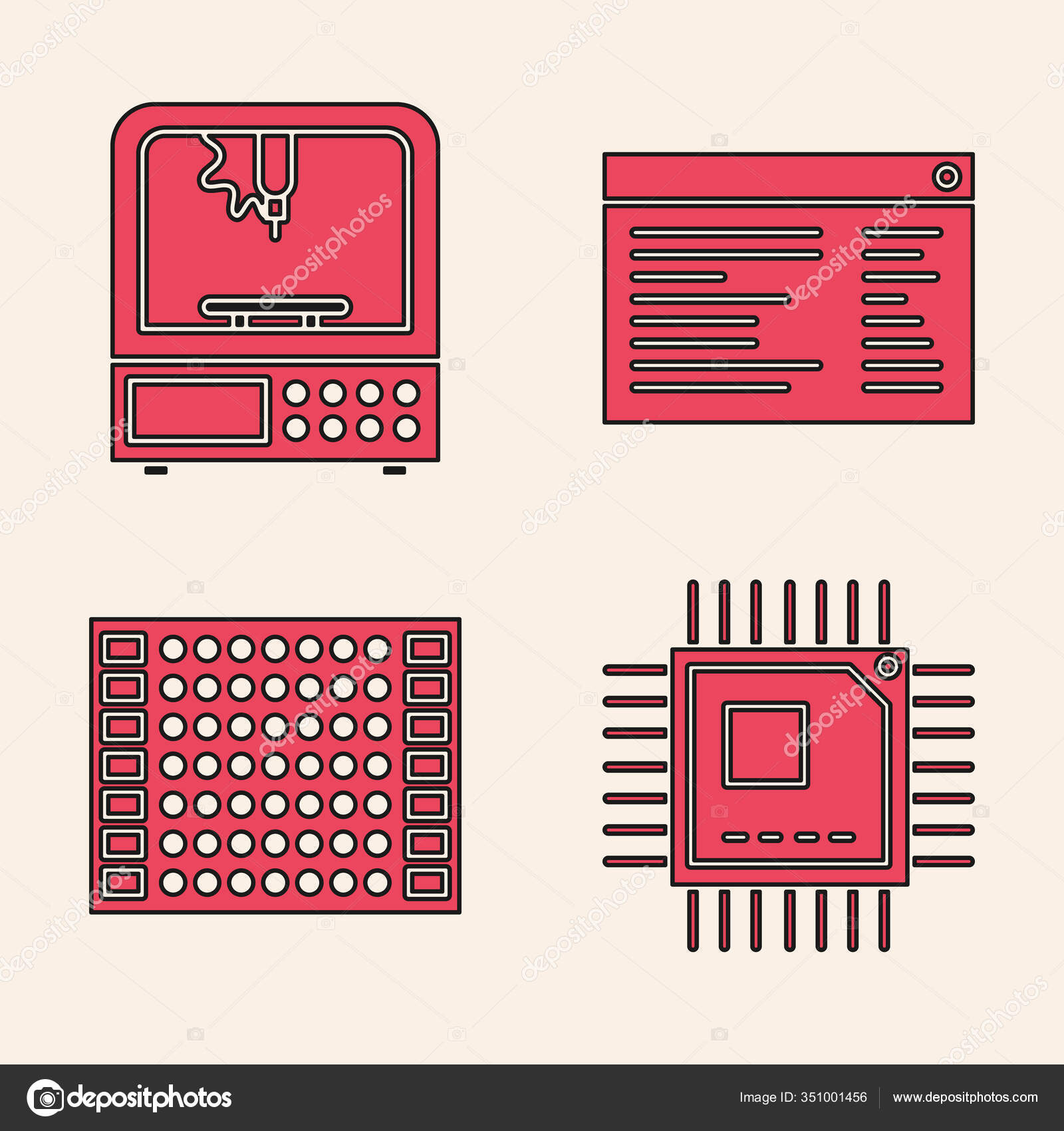 Set Processor Microcircuits Cpu Printer Software Web Developer Programming Code Stock Vector By