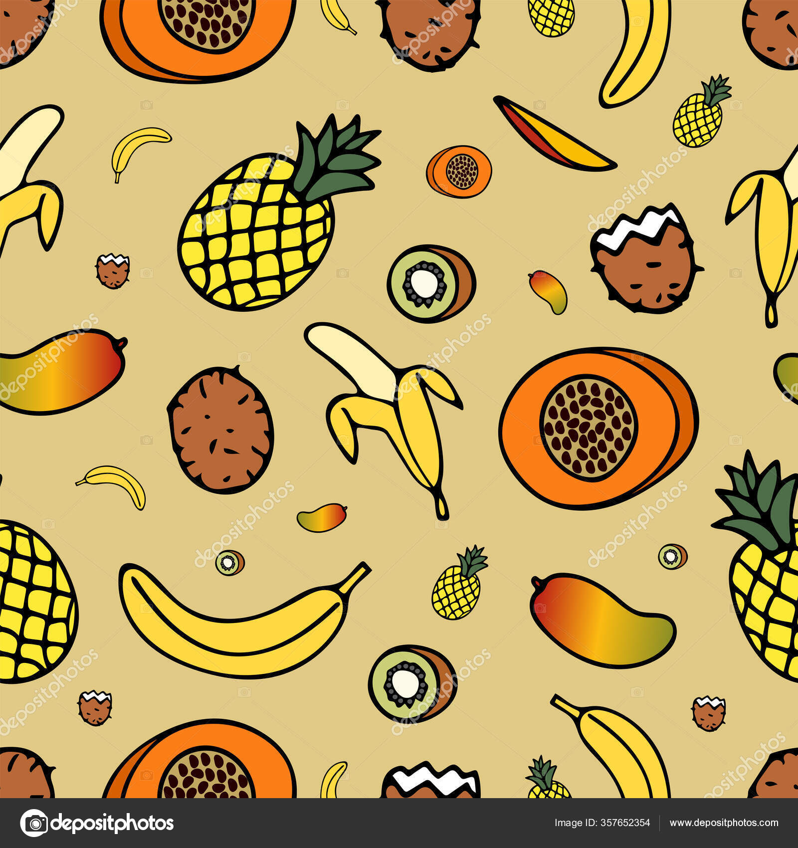 Seamless Pattern Hand Drawn Tropical Fruits Doodle Vector Illustration ...