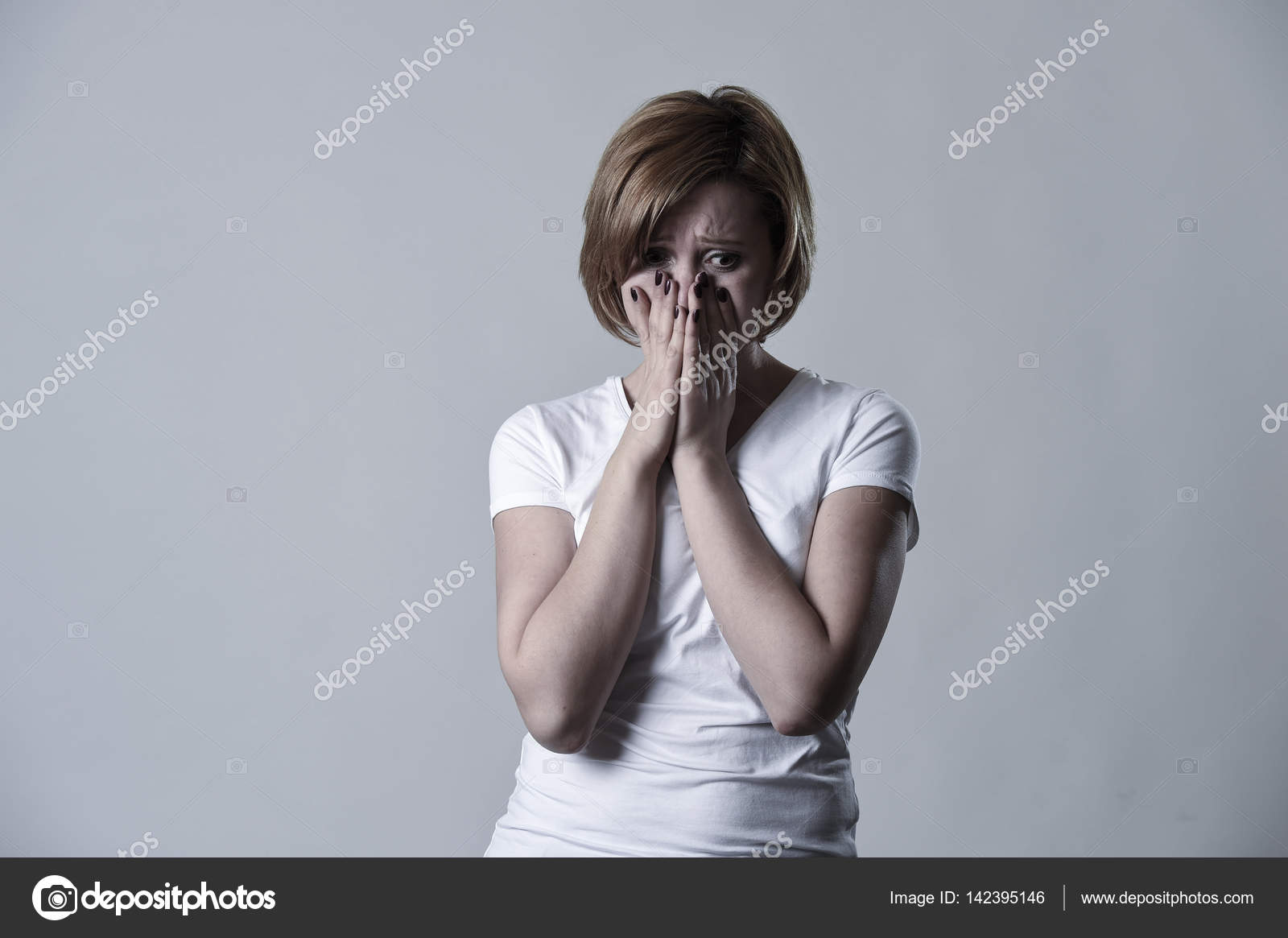 Devastated depressed woman crying sad feeling hurt suffering depression ...