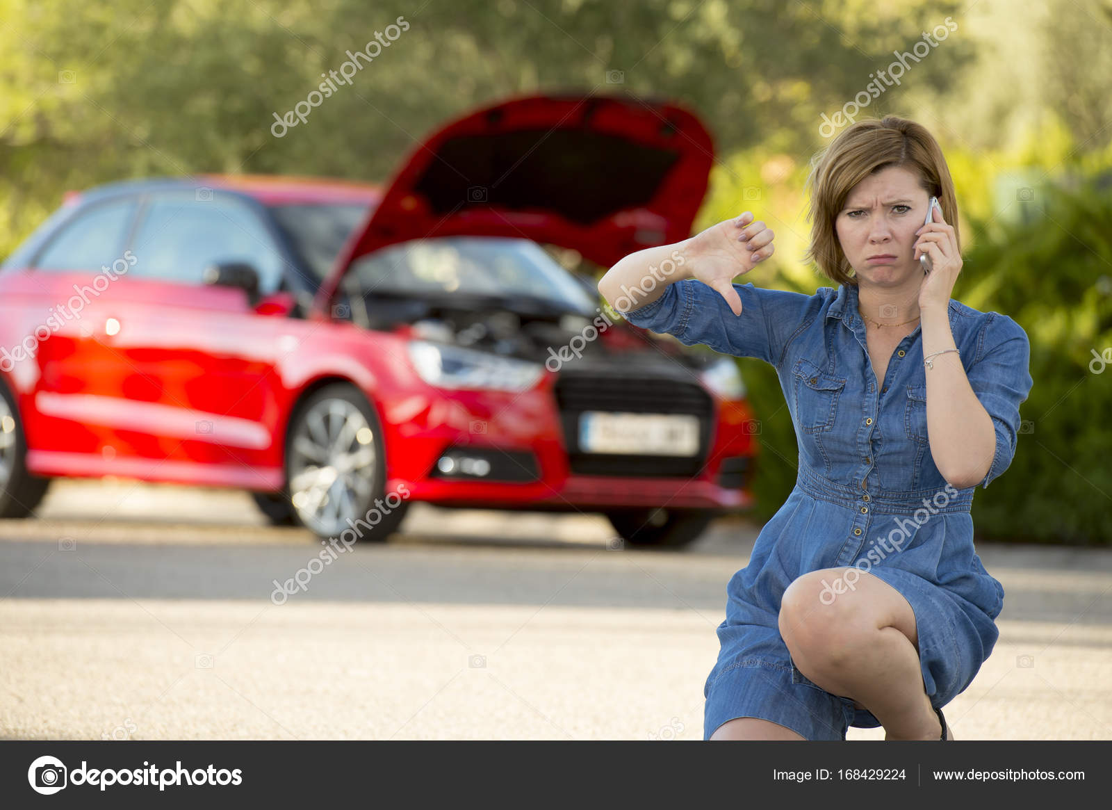 Desperate confused woman stranded with broken car engine crash accident ...