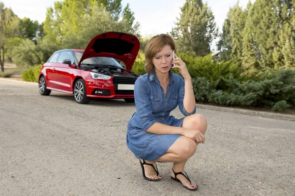 desperate confused woman stranded with broken car engine crash accident ...