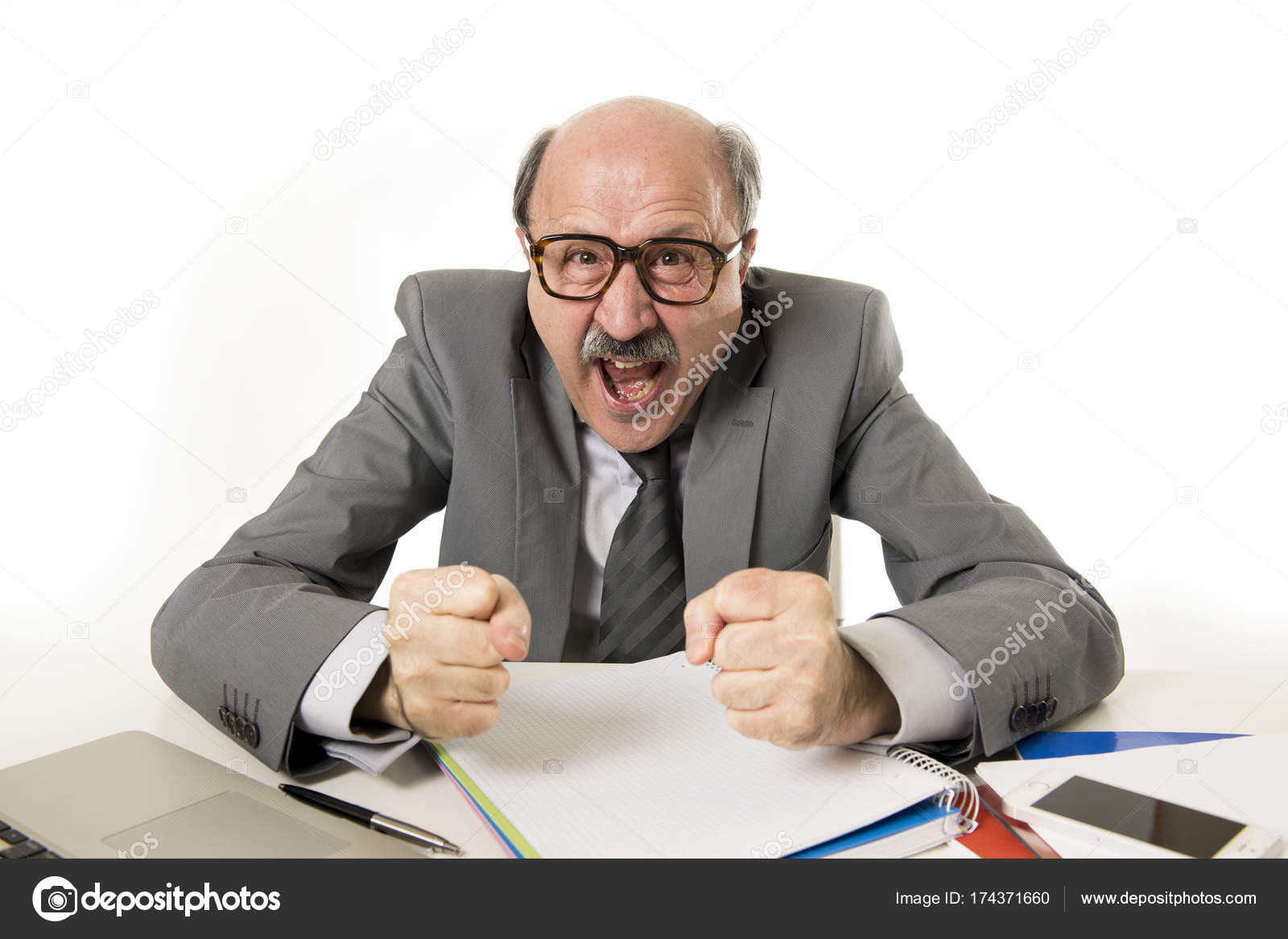 60s bald senior office boss man furious and angry gesturing upse Stock ...