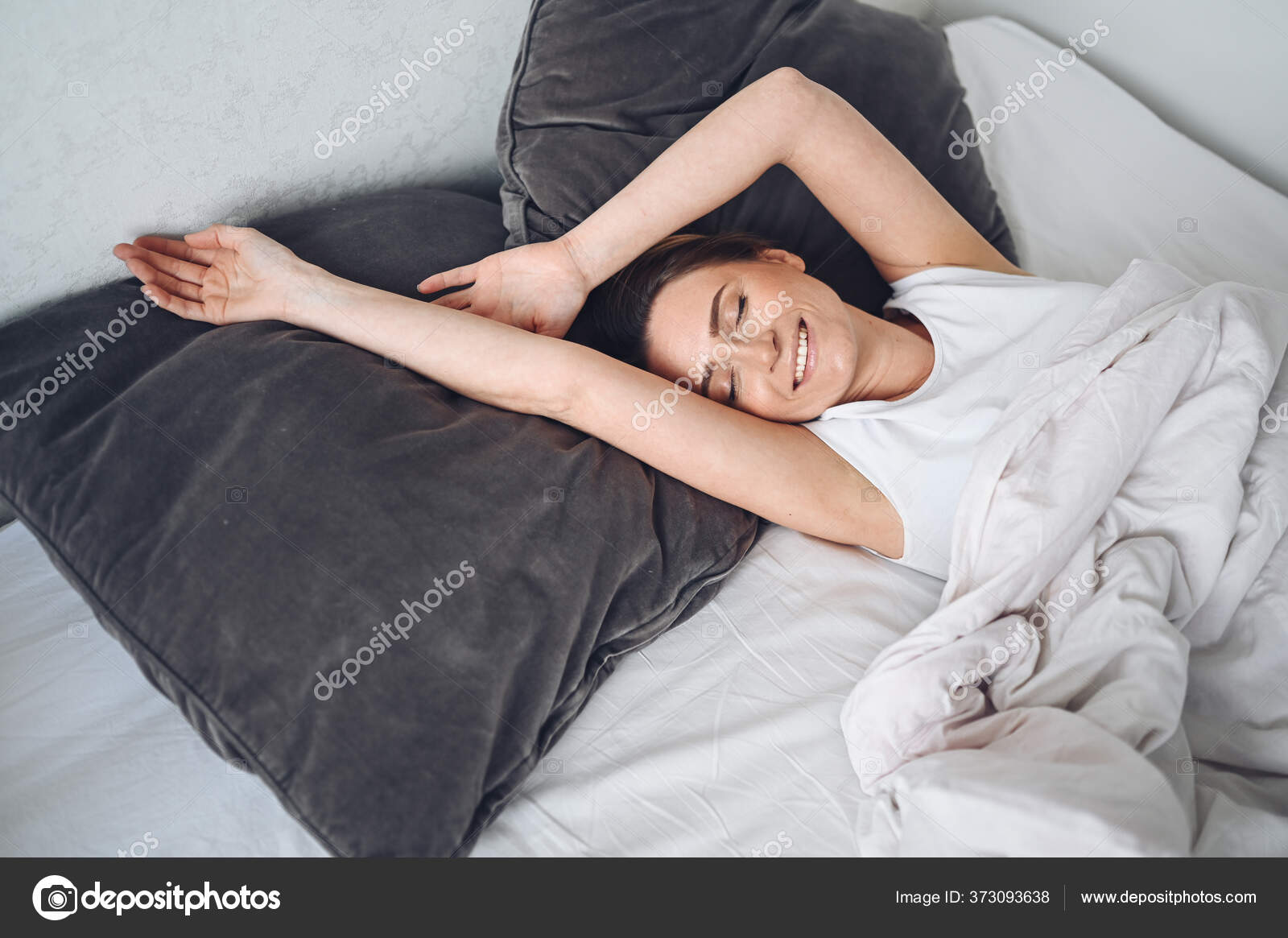 Attractive Smiling Young Woman Stretching Bed Waking Alone Happy ...