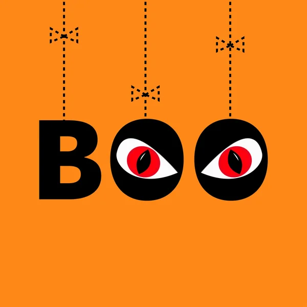 Word BOO text with hanging spider insect silhouette. Two eyes. Cute ...
