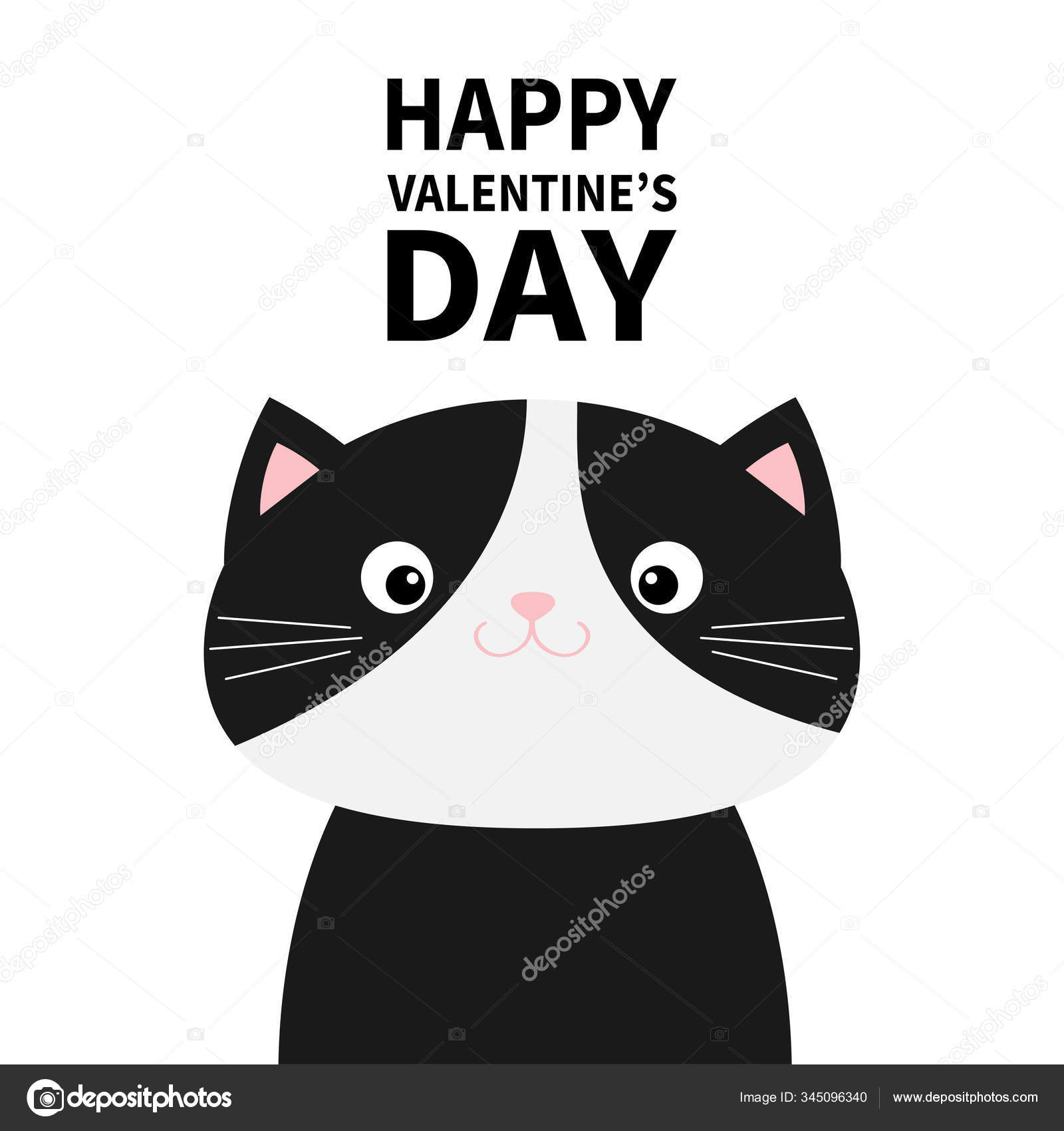 Black and white cat head face body. Happy Valentines Day. Funny Kawaii ...