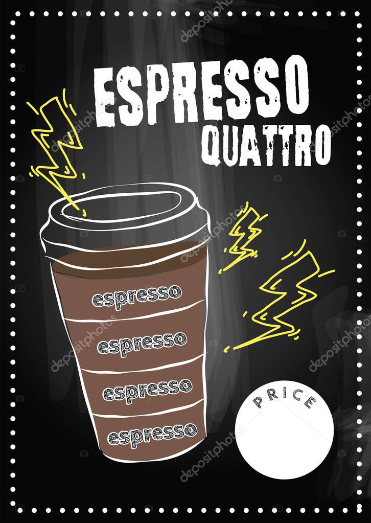 Cartel de menú de café dibujado a mano con café expreso quattro. Diseño ...