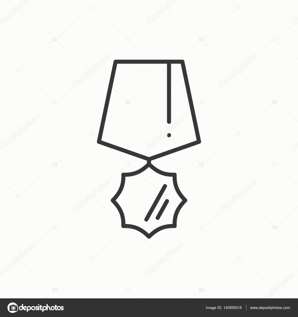Gold medal award with ribbon. Winner line thin icon. First place ...