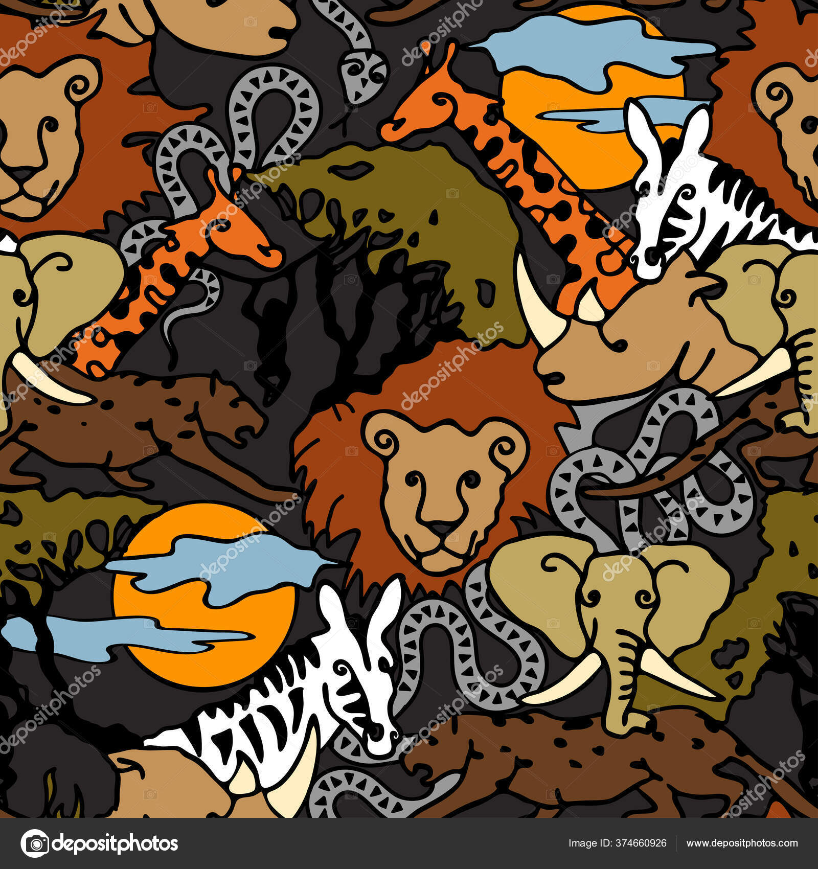 Seamless Vector Pattern Safari Animal Dark Background Cute African ...