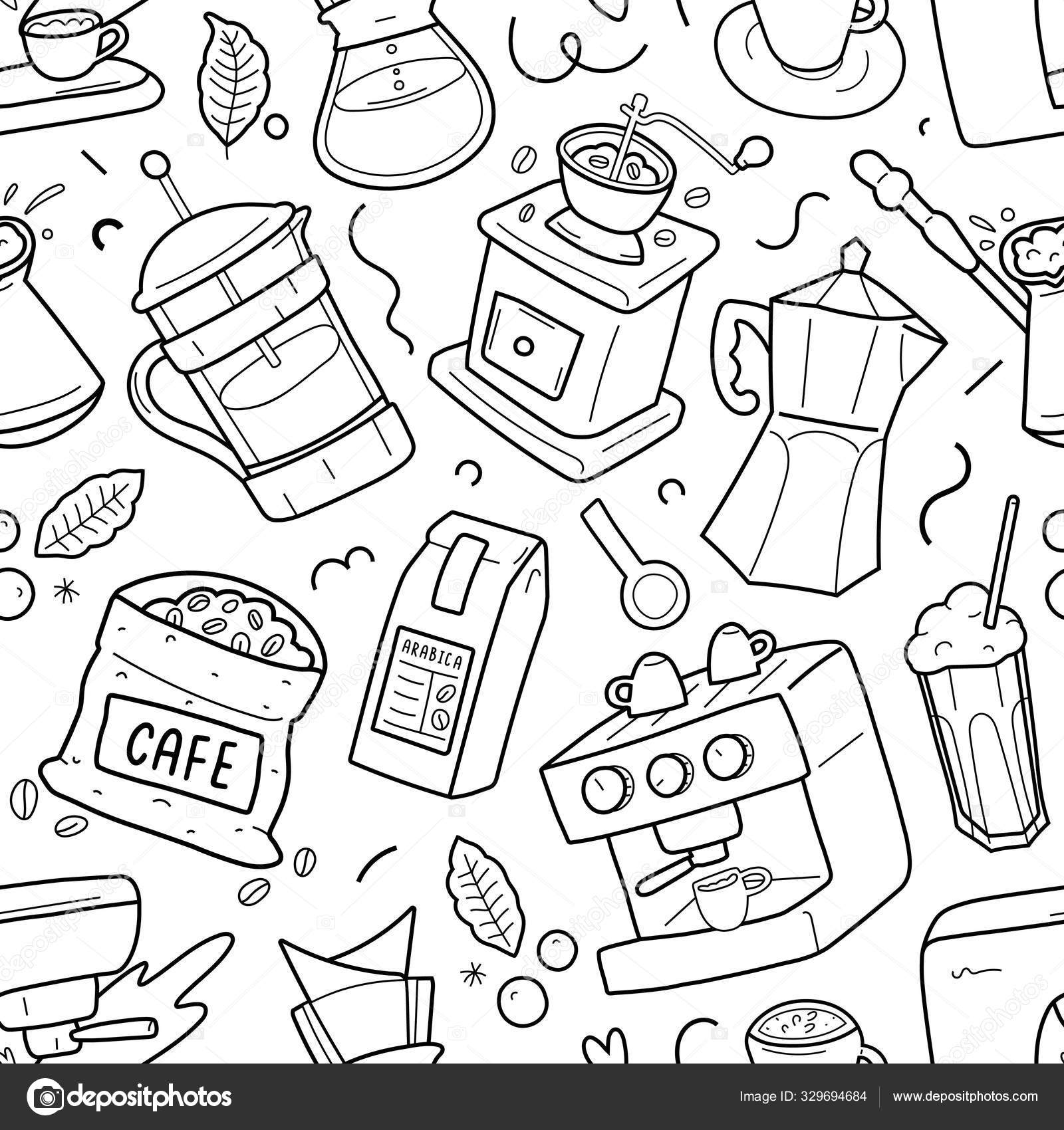 Coffee shop pattern made of minimal linear black and white contour ...