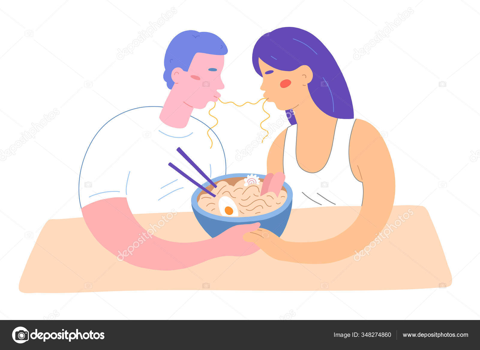 Noodle kiss, couple eating ramen, holding hands in cafe, cute flat illustration, isolated vector ...