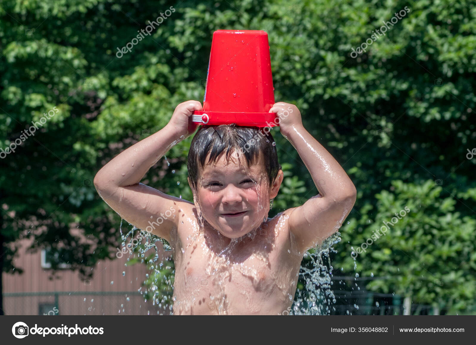 Young Boy Makes Funny Face Pours Cold Water His Head — Stock Photo ...