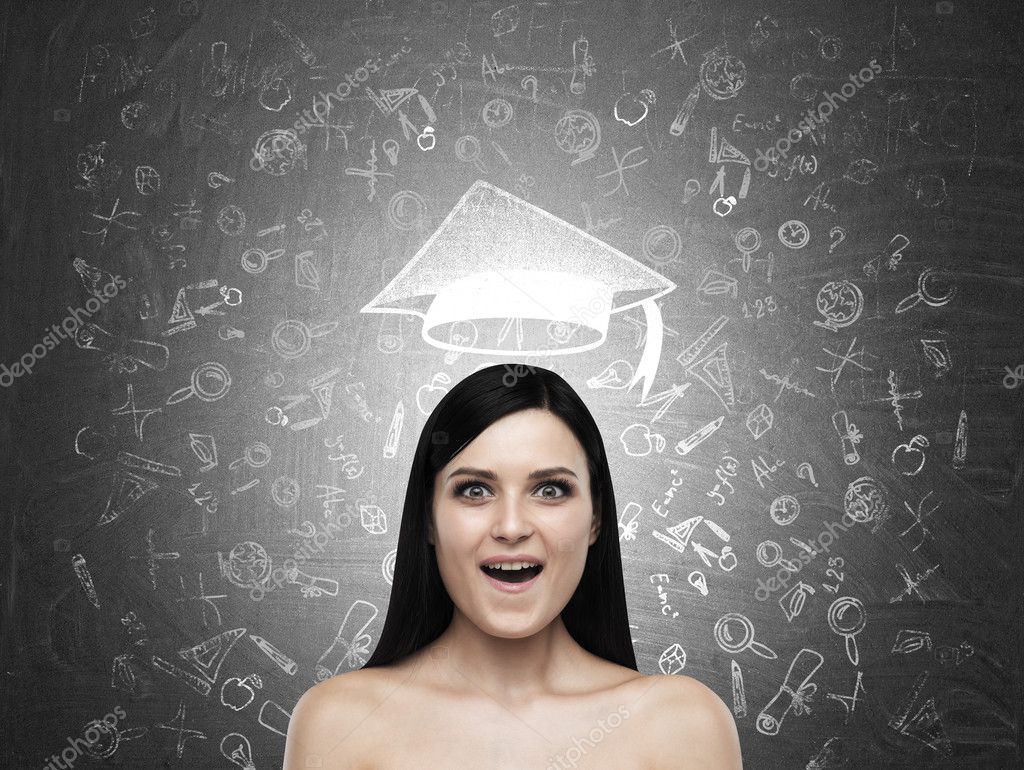 Amazed girl with levitating graduation hat and education sketche Stock ...