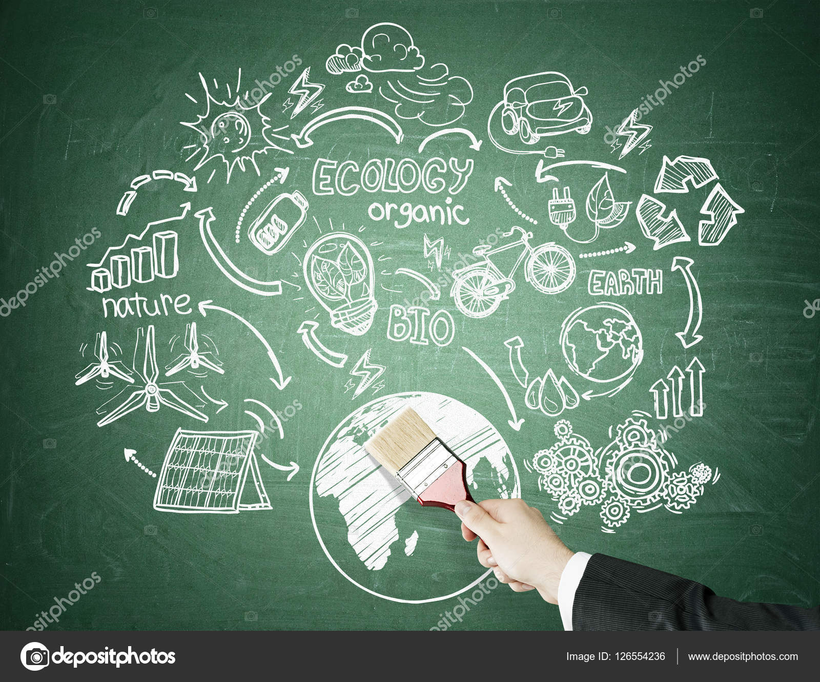 Man drawing renewable energy sources sketches Stock Photo by ...