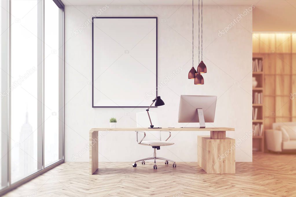 Front view of CEO table in his office with bookcase, toned — Stock ...