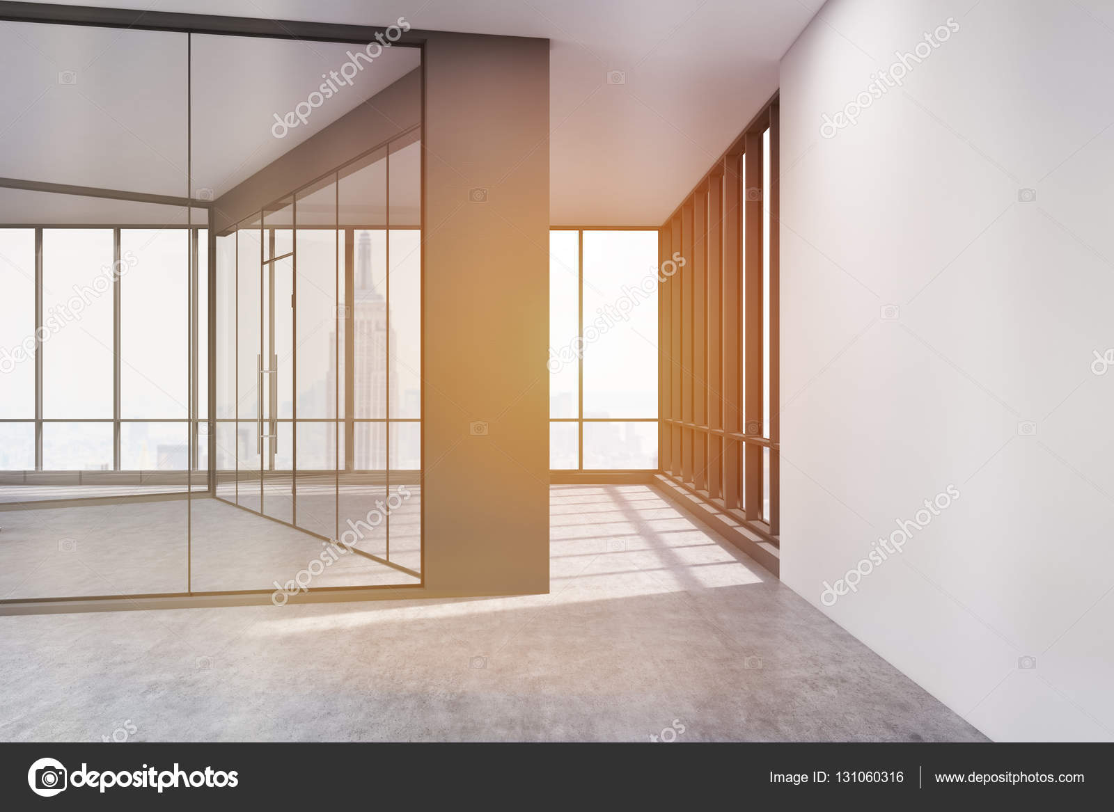 Empty office with glass and white concrete walls, toned — Stock Photo ...