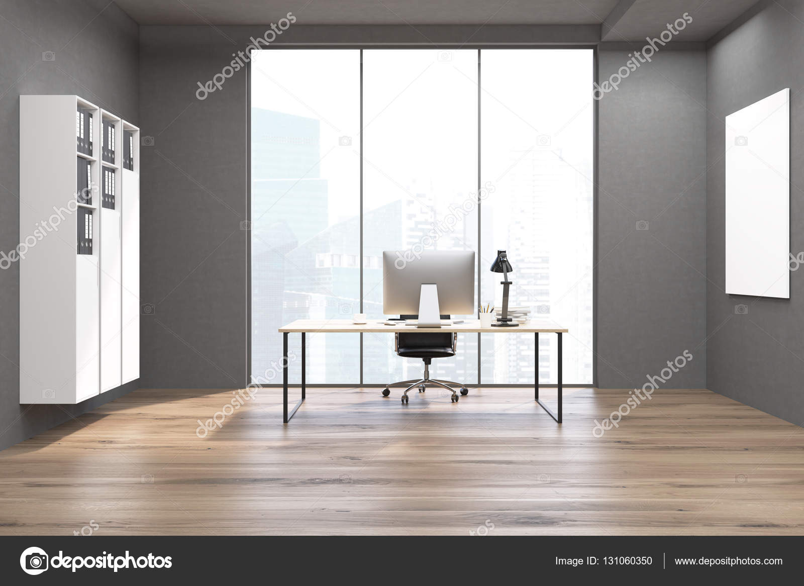 CEO office with bookshelves, computer and poster — Stock Photo ...
