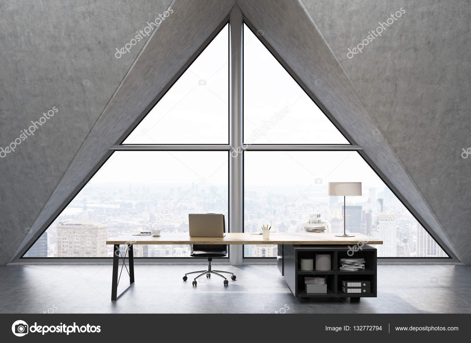 Front view of a CEO office with triangular window — Stock Photo ...