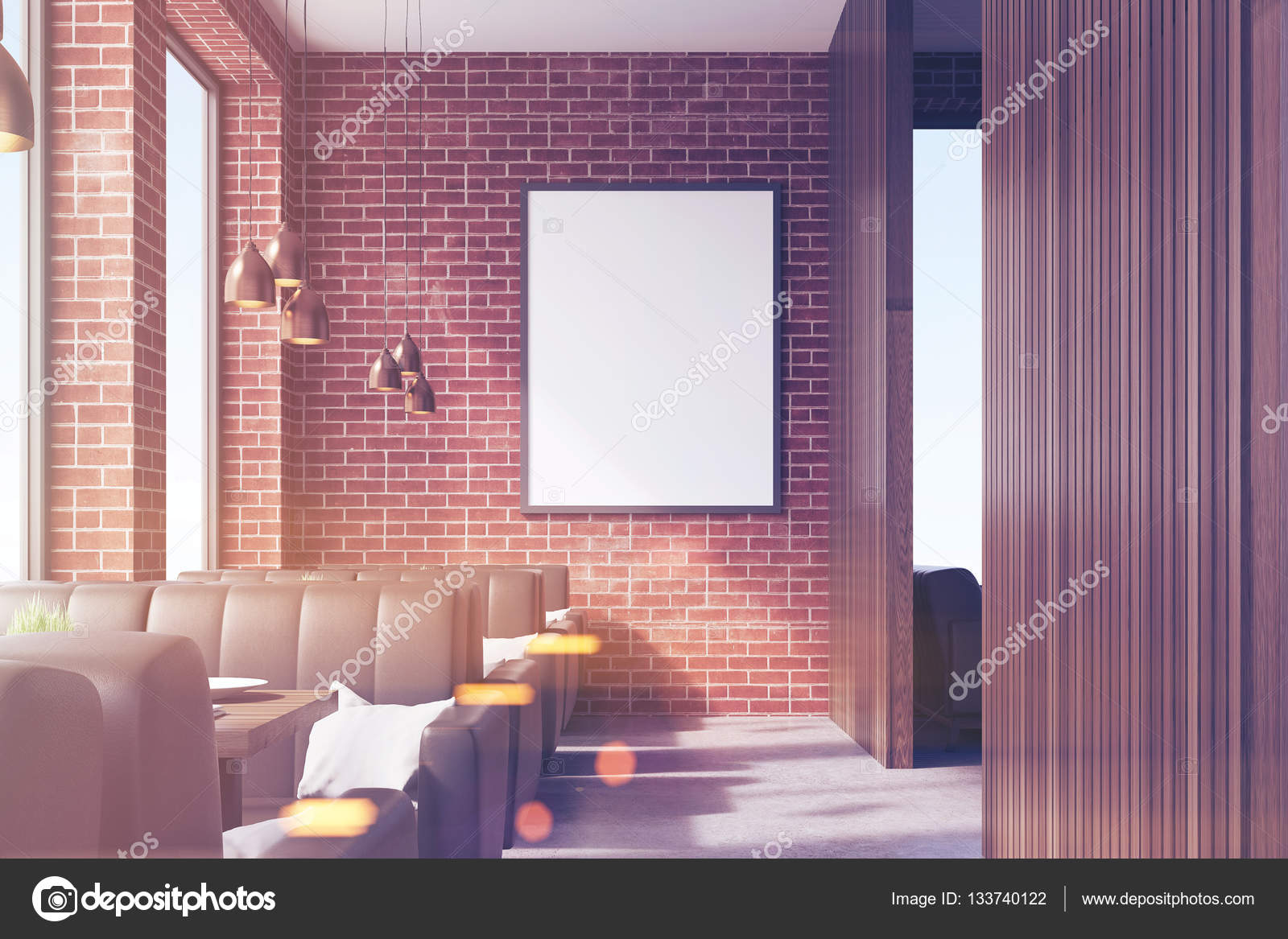 Front view of cafe interior with sofas, toned Stock Photo by ...