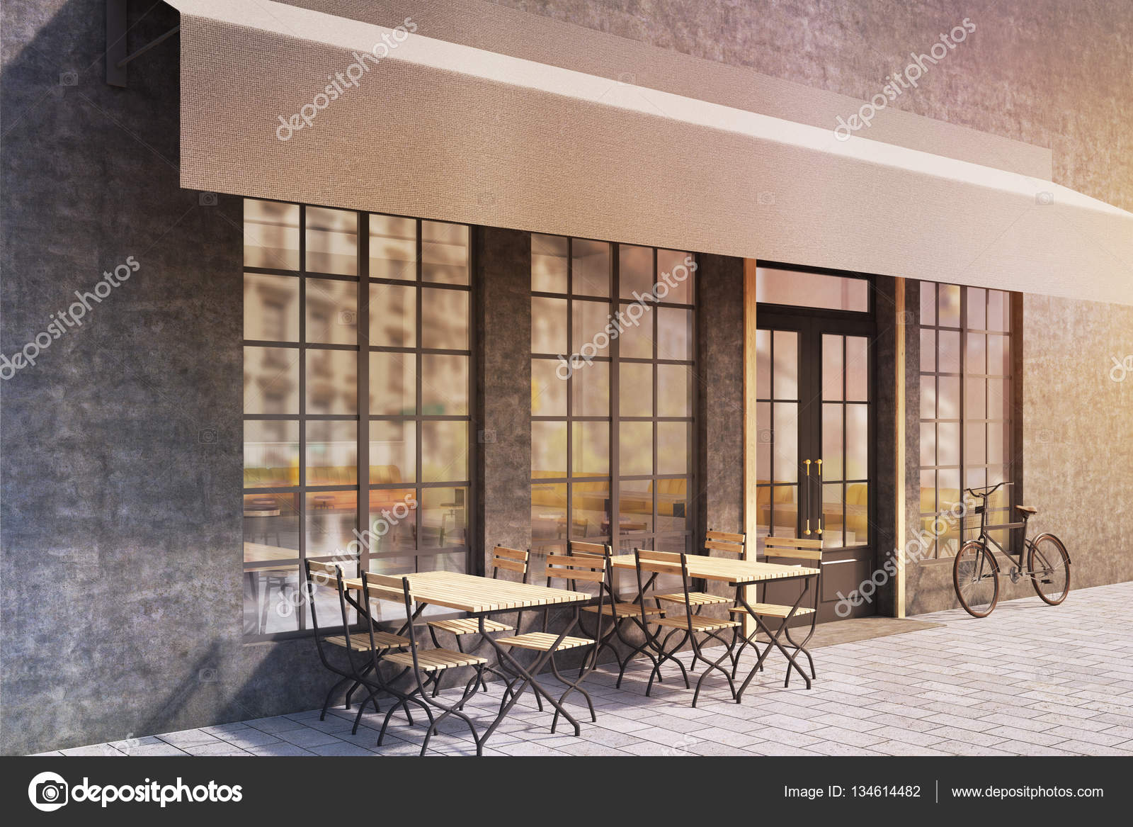 Side view of cafe with tables and bike, toned Stock Photo by ...