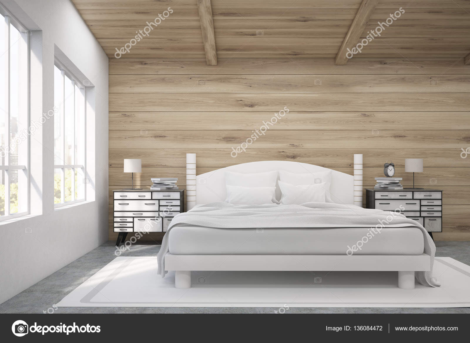 Front view of a double bed in a room with wooden walls and ceiling ...