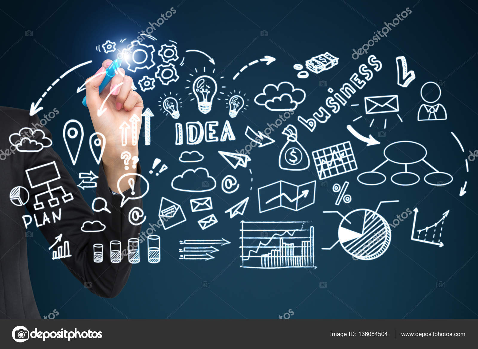 Man's hand drawing business idea sketch glassboard Stock Photo by ...