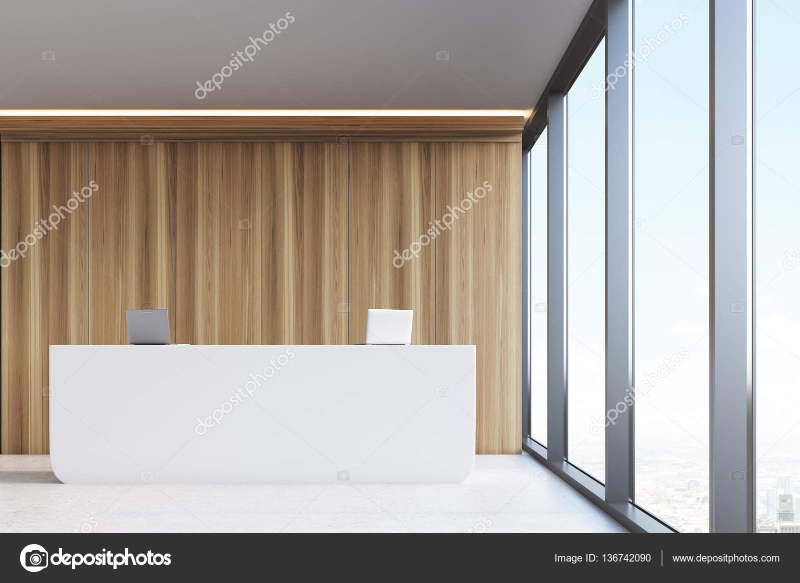Front view, office reception, wood panels Stock Photo by ...