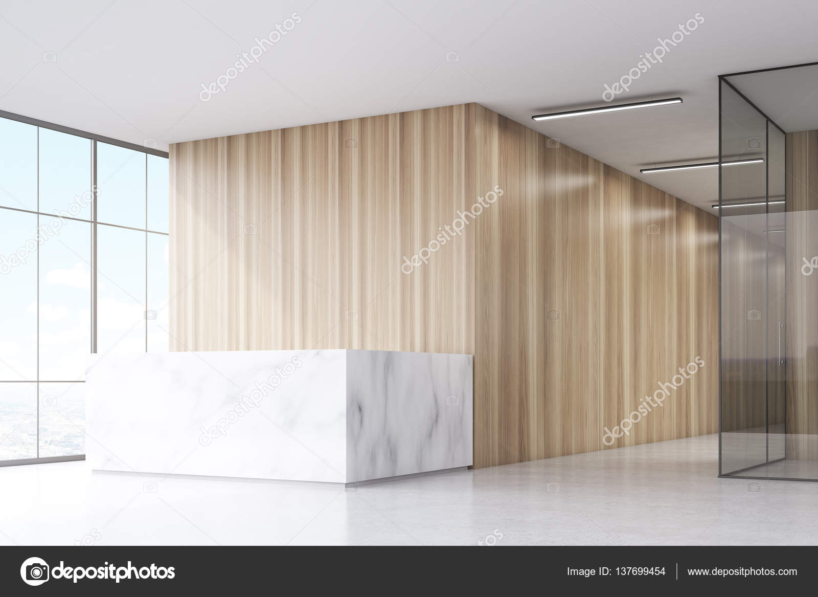 Corner of an office hall with a marble reception counter, wooden walls ...