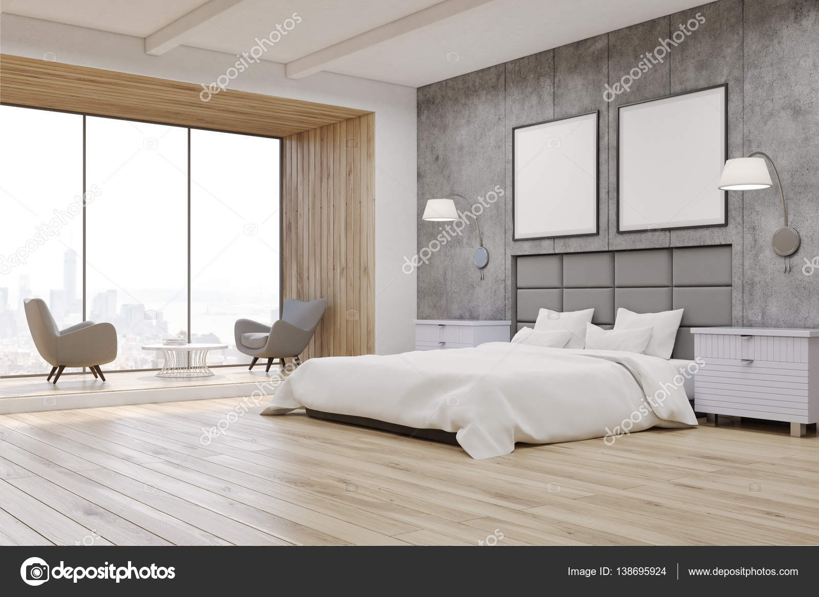 Side view of bedroom with square posters Stock Photo by ©denisismagilov ...